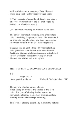 11111 Fact Sheet 22 CLONING AND STEM CELLS 1 1 .docx | Genetics | Science