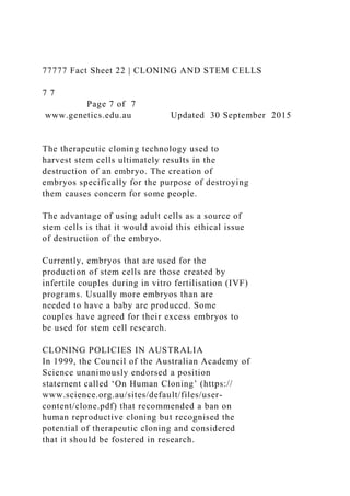 11111 Fact Sheet 22 CLONING AND STEM CELLS 1 1 .docx | Genetics | Science