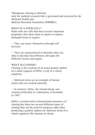 11111 Fact Sheet 22 CLONING AND STEM CELLS 1 1 .docx | Genetics | Science