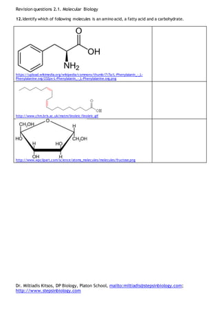 Revision questions on Topic 2.1. From Molecules to Metabolism | DOCX
