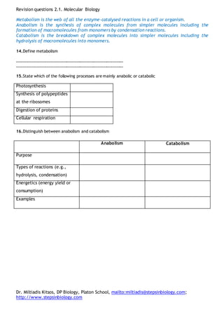 Revision questions on Topic 2.1. From Molecules to Metabolism | DOCX