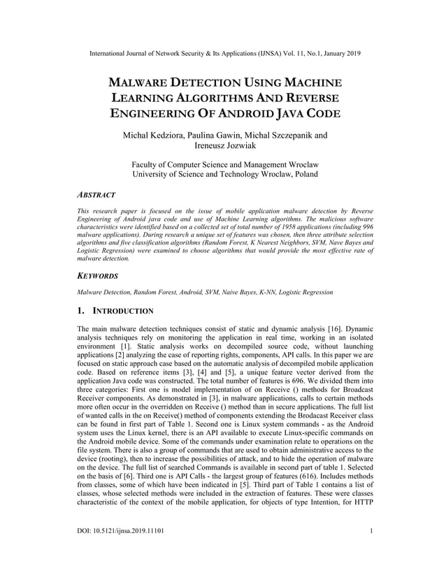 Malware Detection Using Machine Learning Algorithms And Reverse Engineering Of Android Java Code