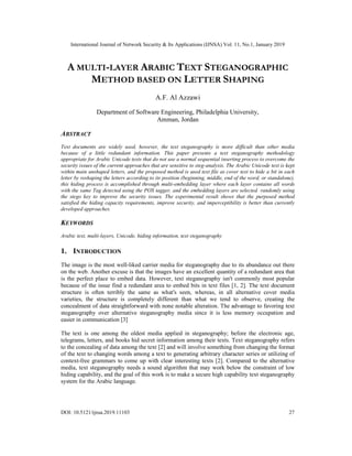 A MULTI-LAYER ARABIC TEXT STEGANOGRAPHIC METHOD BASED ON LETTER SHAPING | PDF