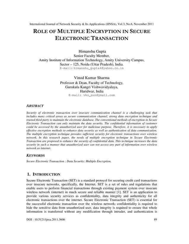 ROLE OF MULTIPLE ENCRYPTION IN SECURE ELECTRONIC TRANSACTION | PDF