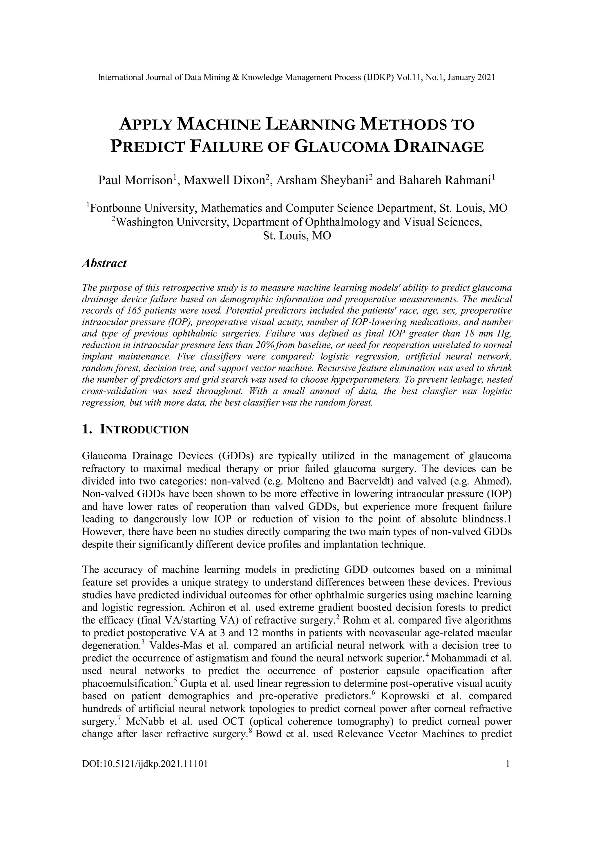 Apply Machine Learning Methods to Predict Failure of Glaucoma Drainage | PDF