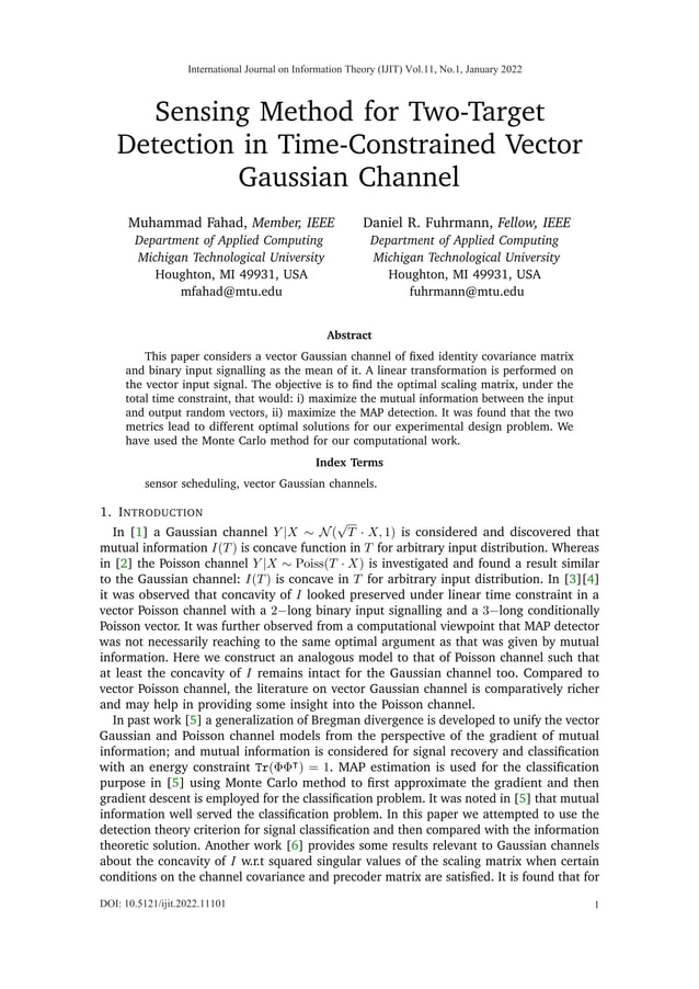 Sensing Method for Two-Target Detection in Time-Constrained Vector Gaussian Channel | PDF