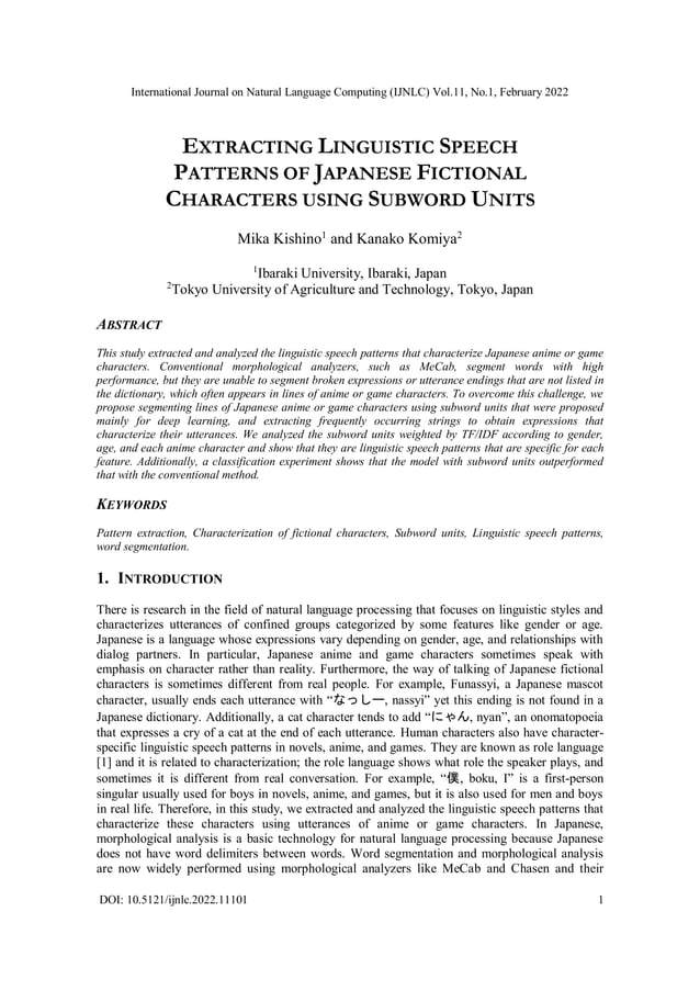 EXTRACTING LINGUISTIC SPEECH PATTERNS OF JAPANESE FICTIONAL CHARACTERS USING SUBWORD UNITS | PDF
