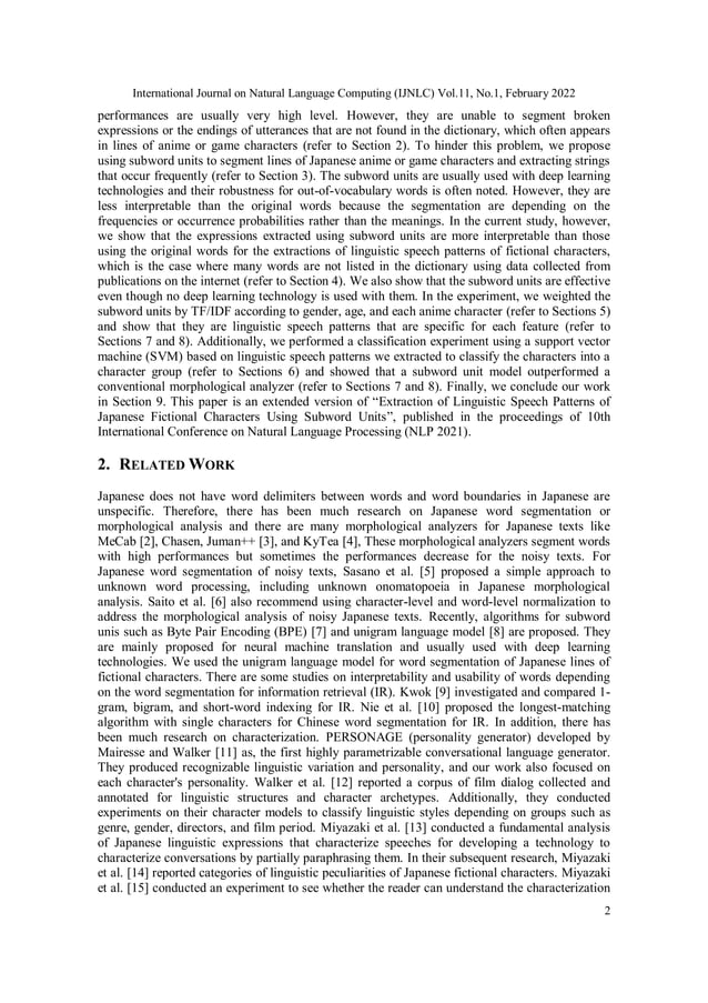 EXTRACTING LINGUISTIC SPEECH PATTERNS OF JAPANESE FICTIONAL CHARACTERS USING SUBWORD UNITS | PDF