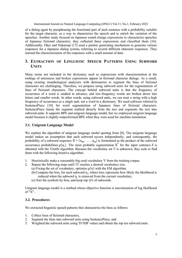 EXTRACTING LINGUISTIC SPEECH PATTERNS OF JAPANESE FICTIONAL CHARACTERS USING SUBWORD UNITS | PDF