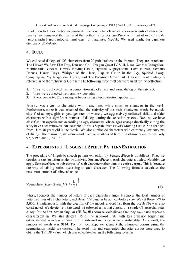 EXTRACTING LINGUISTIC SPEECH PATTERNS OF JAPANESE FICTIONAL CHARACTERS USING SUBWORD UNITS | PDF
