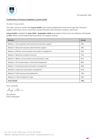 Louise Smith - GetSmarter Affiliated to UCT - Letter of Completion ...