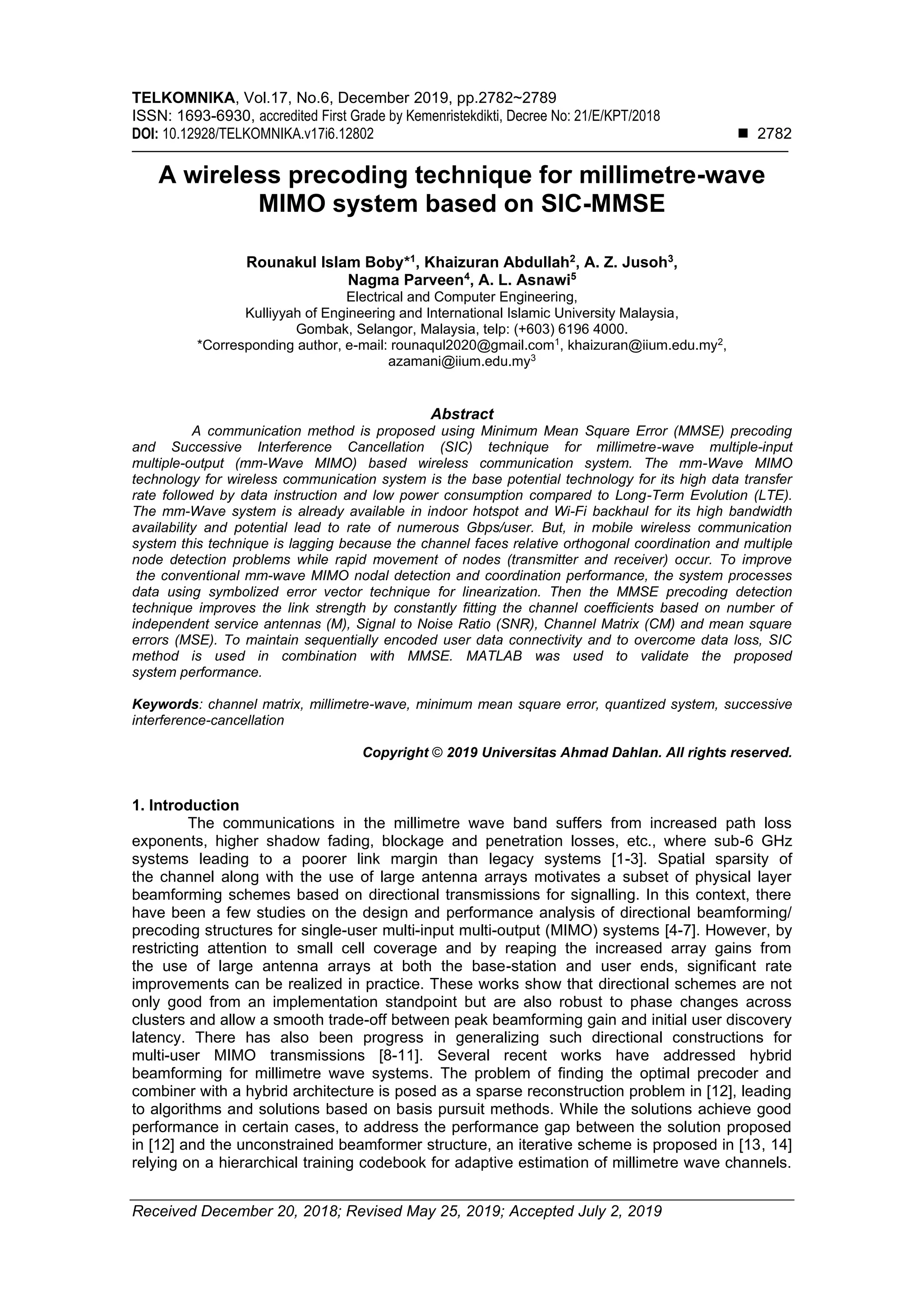 A wireless precoding technique for millimetre-wave MIMO system based on SIC-MMSE | PDF