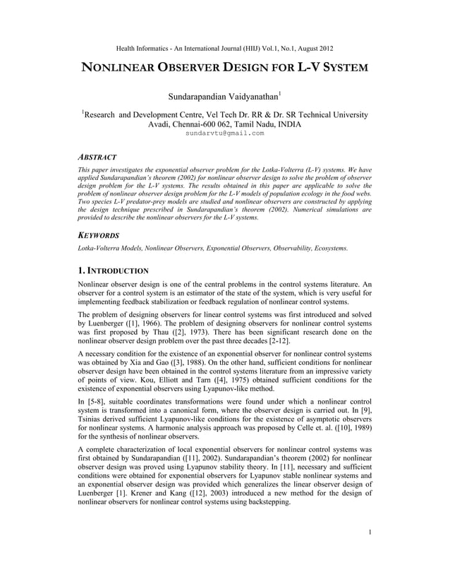 Nonlinear Observer Design For L V System Pdf