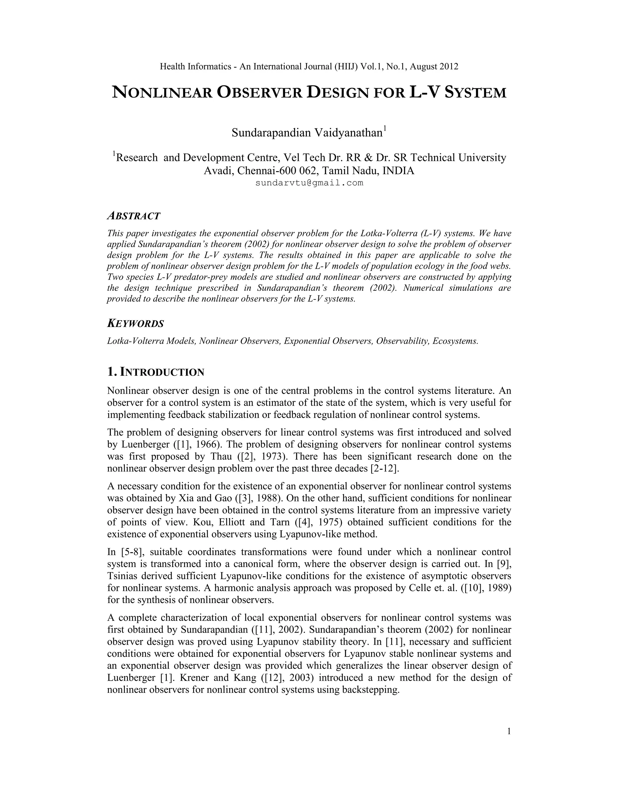 NONLINEAR OBSERVER DESIGN FOR L-V SYSTEM | PDF