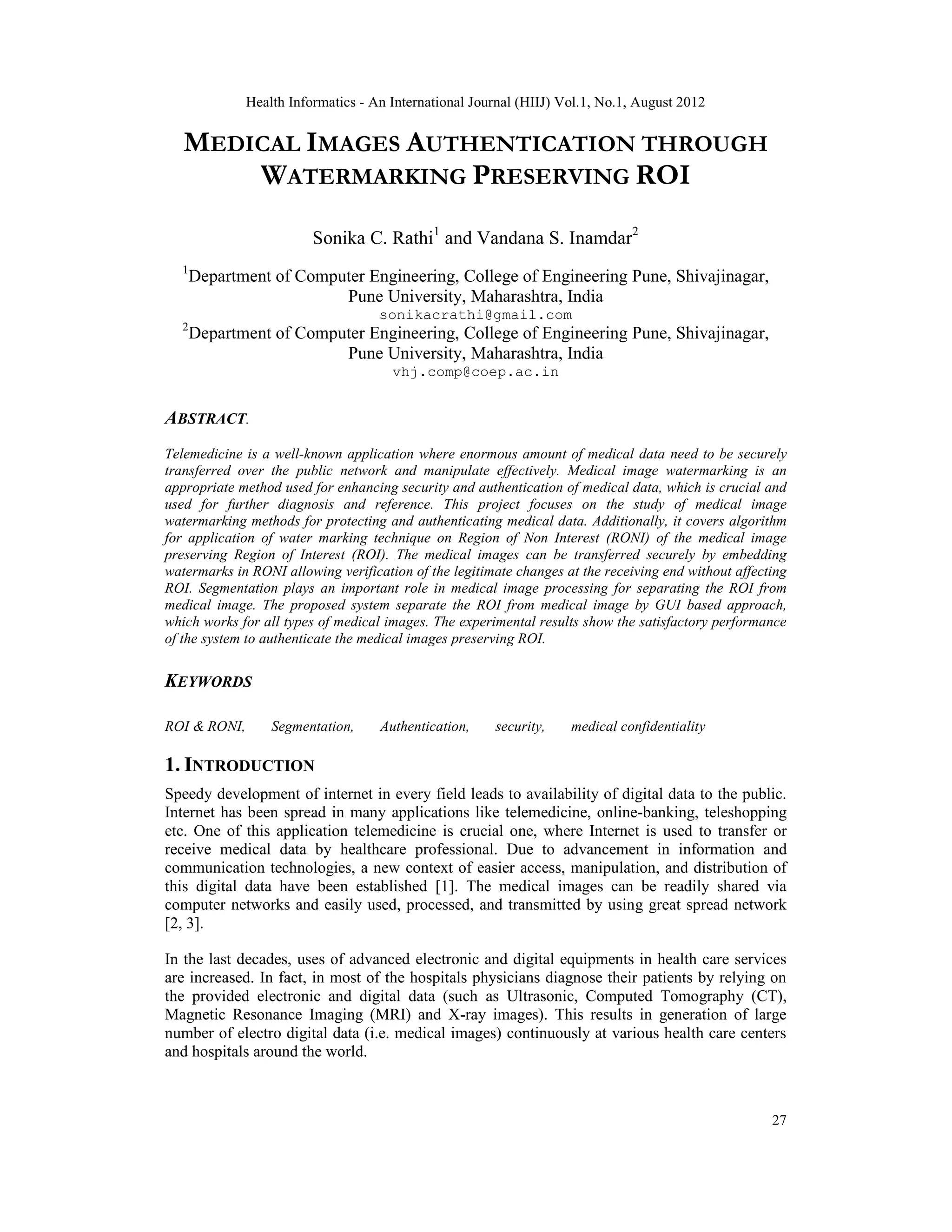 MEDICAL IMAGES AUTHENTICATION THROUGH WATERMARKING PRESERVING ROI | PDF