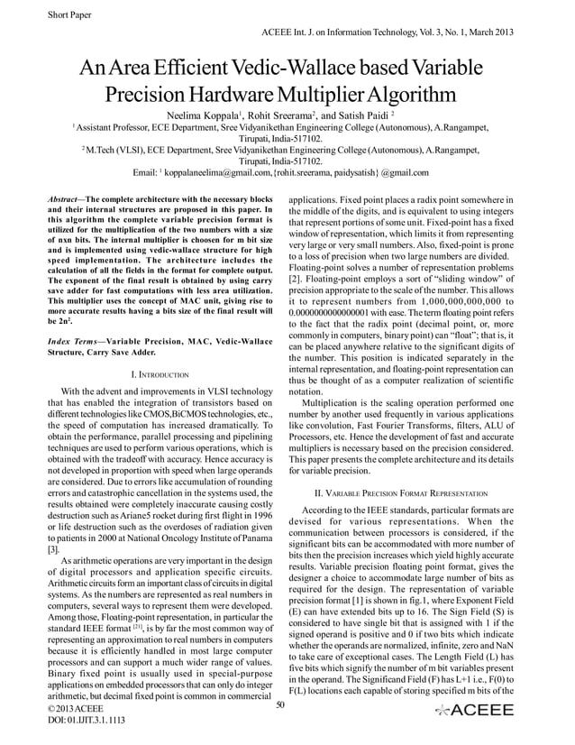 An Area Efficient Vedic-Wallace based Variable Precision Hardware Multiplier Algorithm | PDF
