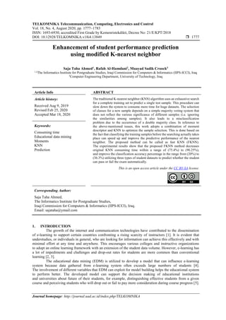 Enhancement of student performance prediction using modified K-nearest neighbor | PDF