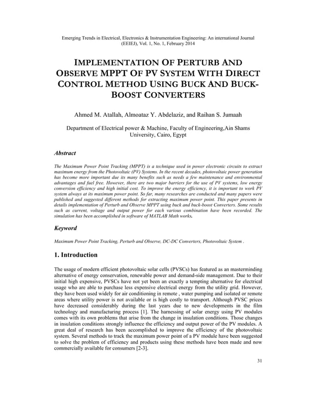 IMPLEMENTATION OF PERTURB AND OBSERVE MPPT OF PV SYSTEM WITH DIRECT CONTROL METHOD USING BUCK ...