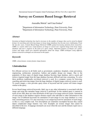 Survey on Content Based Image Retrieval - ijcax | PDF