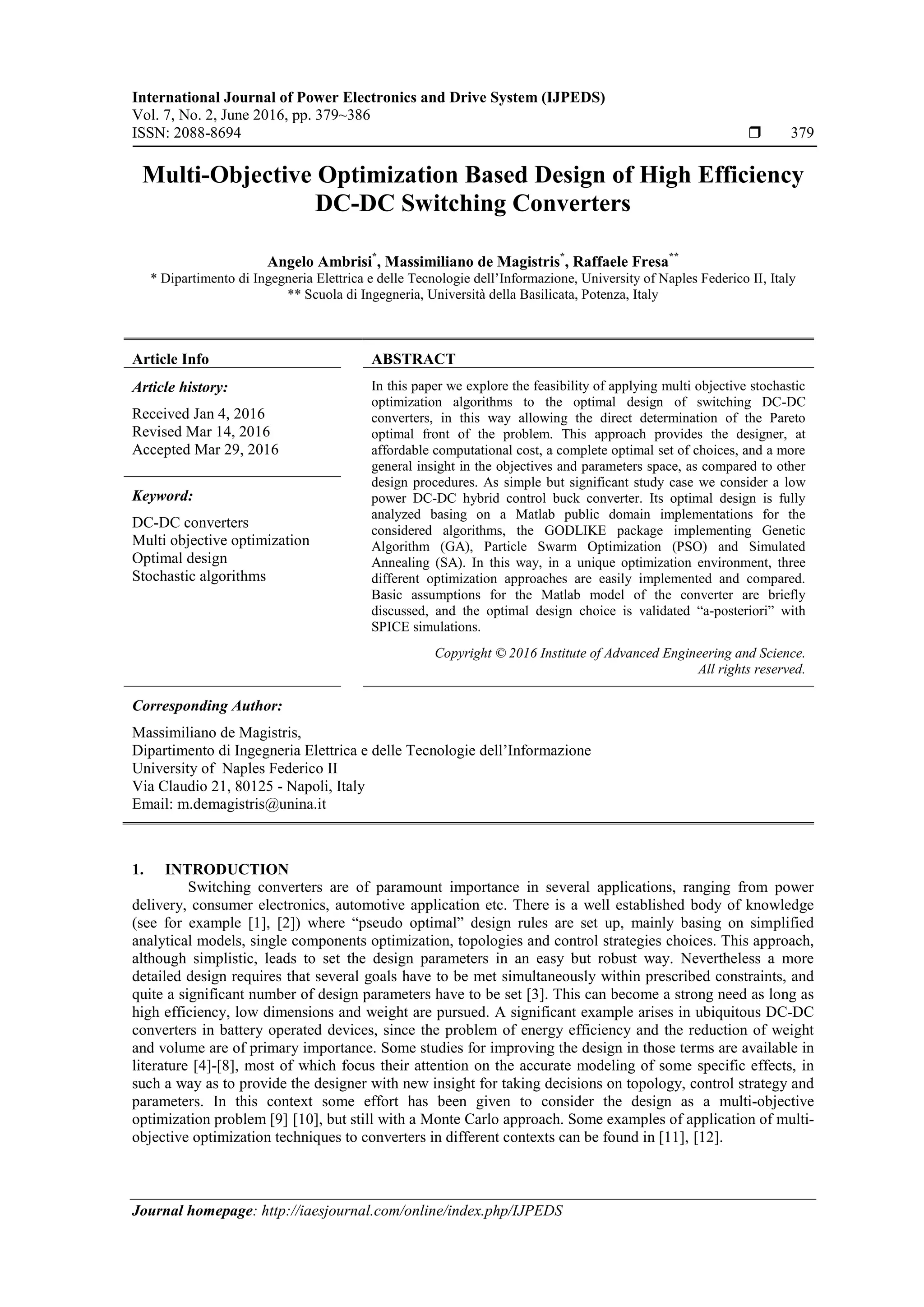 Multi Objective Optimization Based Design Of High Efficiency Dc Dc