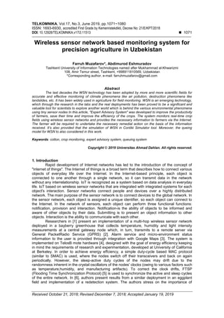 Wireless sensor network based monitoring system for precision agriculture in Uzbekistan | PDF ...