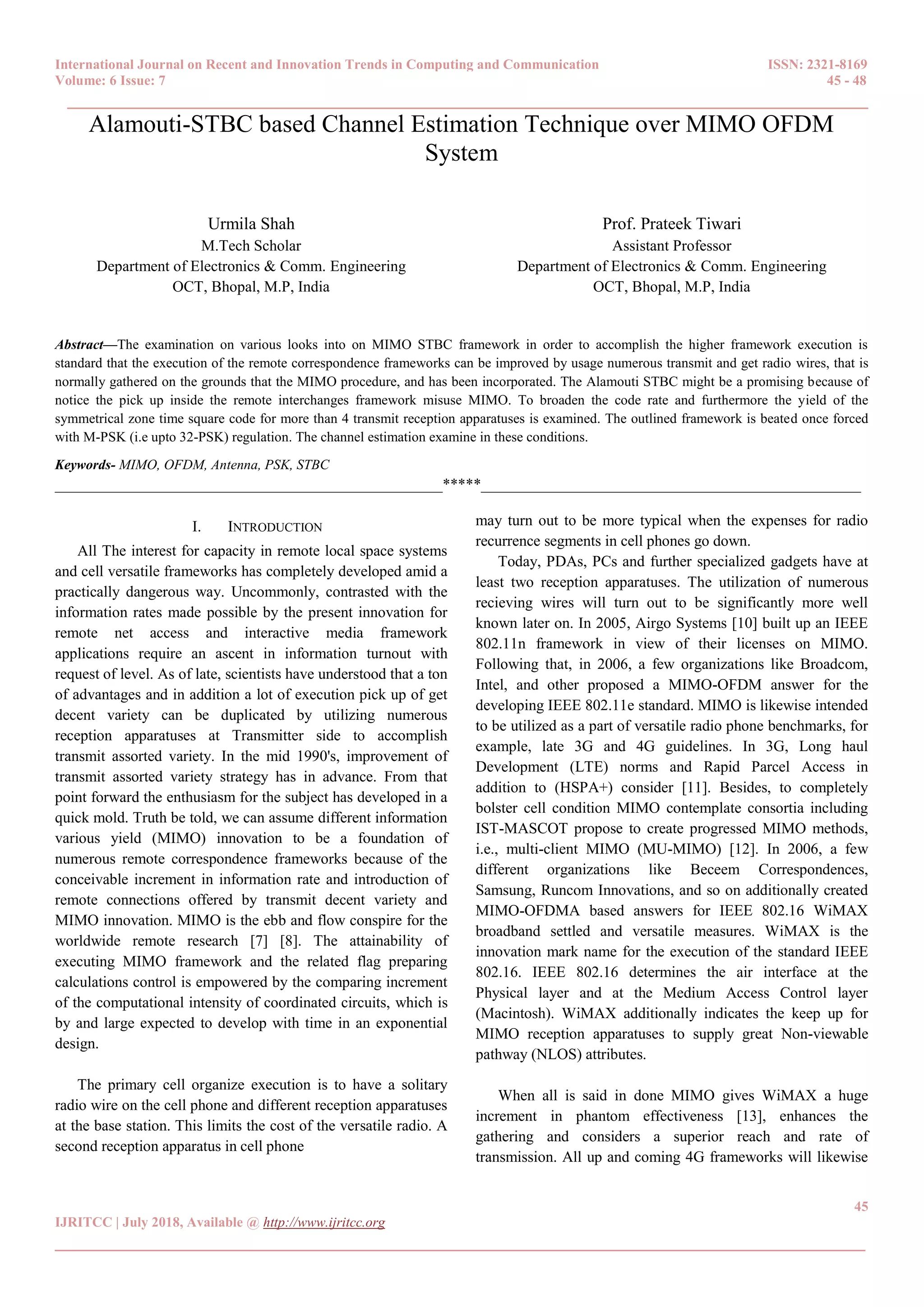 Alamouti-STBC based Channel Estimation Technique over MIMO OFDM System | PDF