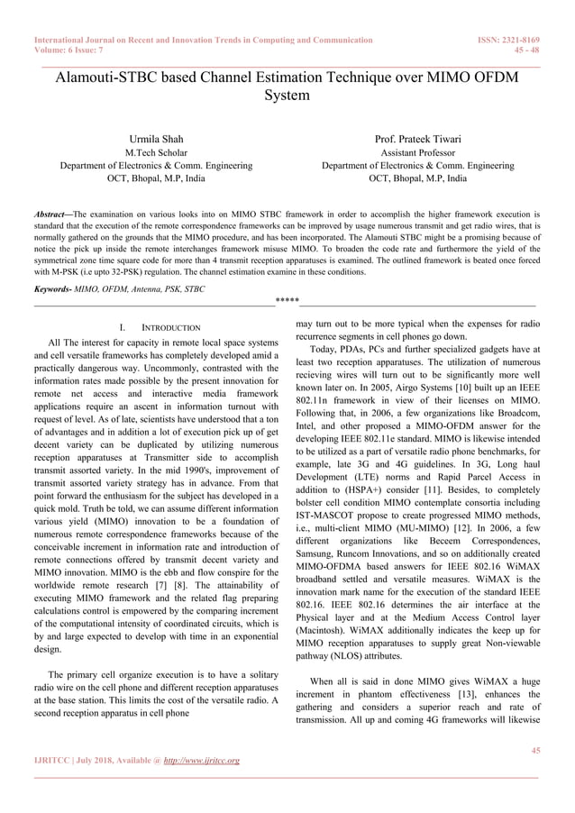 Alamouti-STBC based Channel Estimation Technique over MIMO OFDM System | PDF