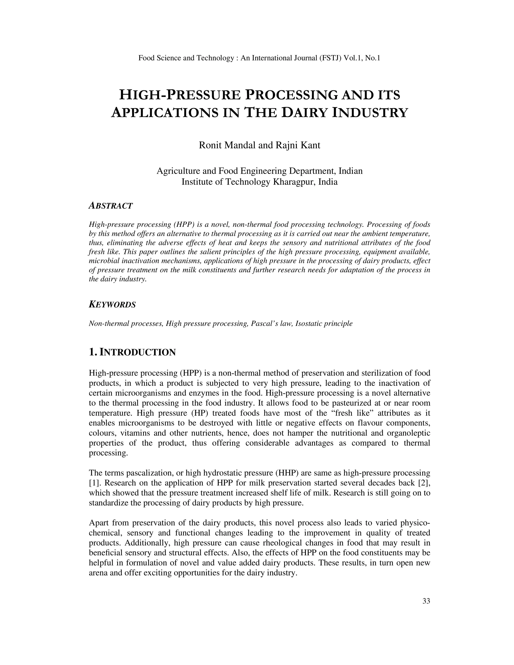HIGH-PRESSURE PROCESSING AND ITS APPLICATIONS IN THE DAIRY INDUSTRY | PDF