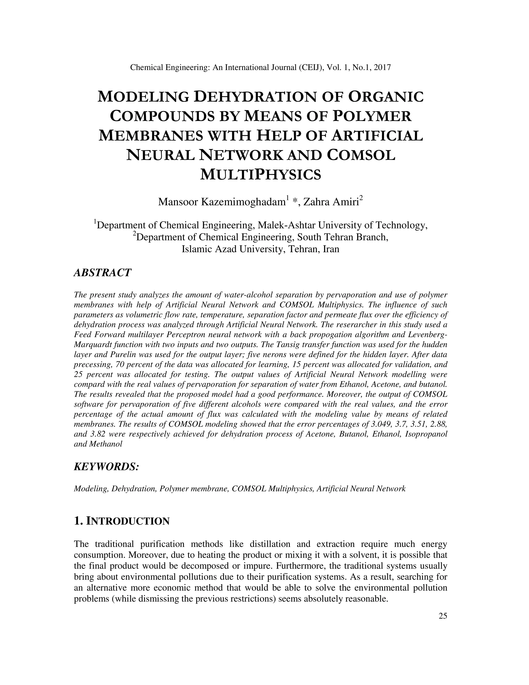 MODELING DEHYDRATION OF ORGANIC COMPOUNDS BY MEANS OF POLYMER MEMBRANES WITH HELP OF ARTIFICIAL ...