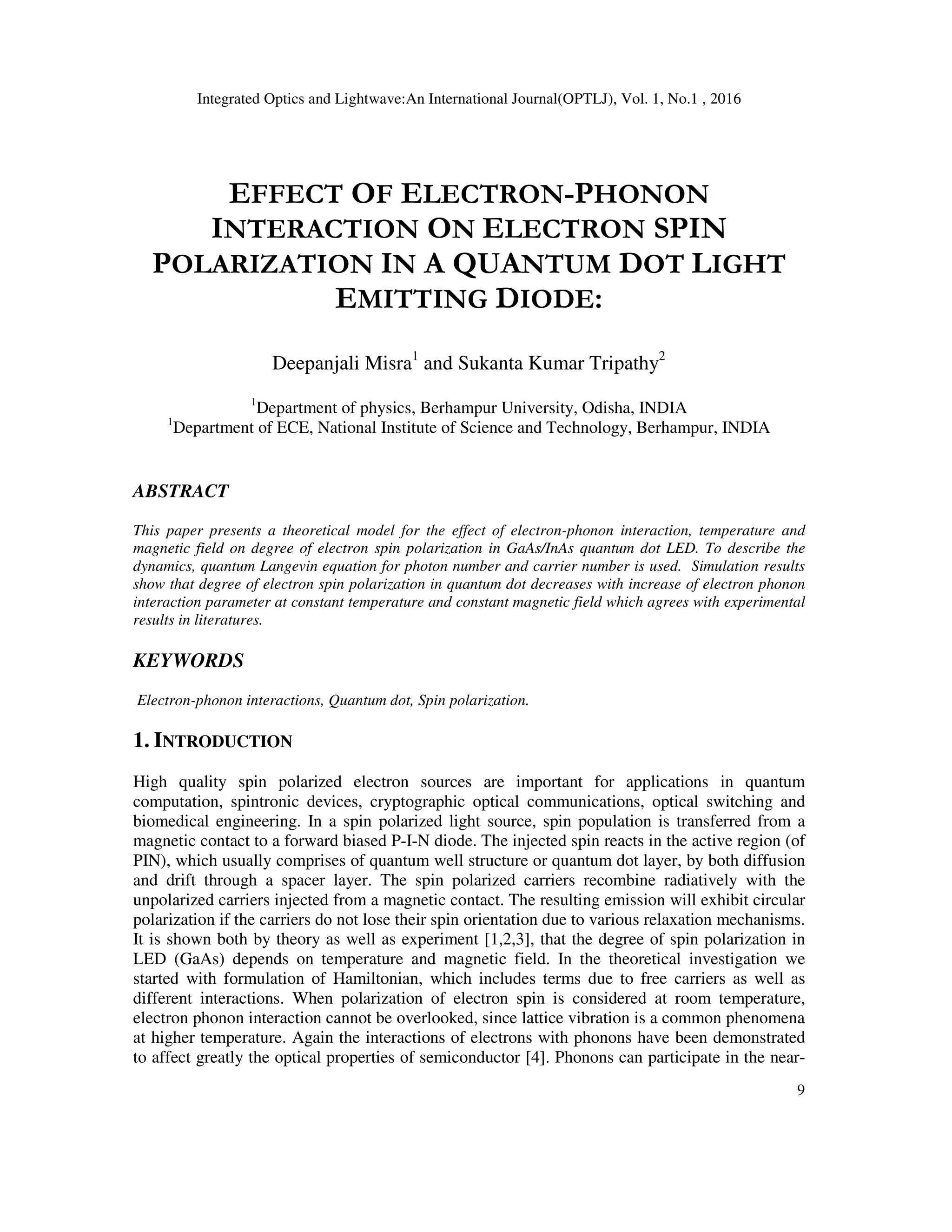 EFFECT OF ELECTRON-PHONON INTERACTION ON ELECTRON SPIN POLARIZATION IN A QUANTUM DOT LIGHT ...