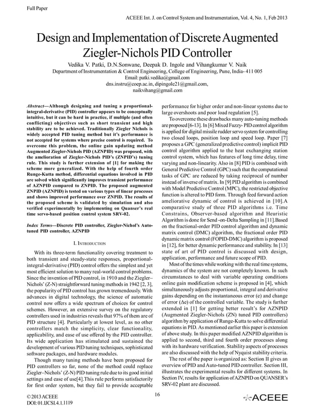 Design and Implementation of Discrete Augmented Ziegler-Nichols PID Controller | PDF