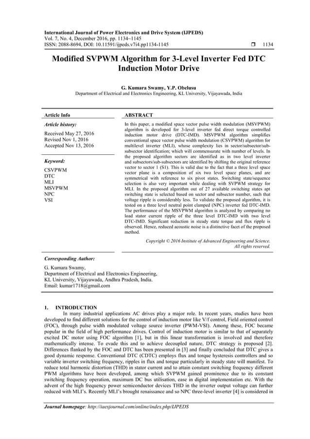 Modified Svpwm Algorithm For 3 Level Inverter Fed Dtc Induction Motor Drive Pdf