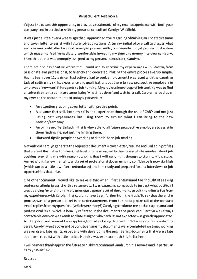 Valued Client Testimonial | DOCX