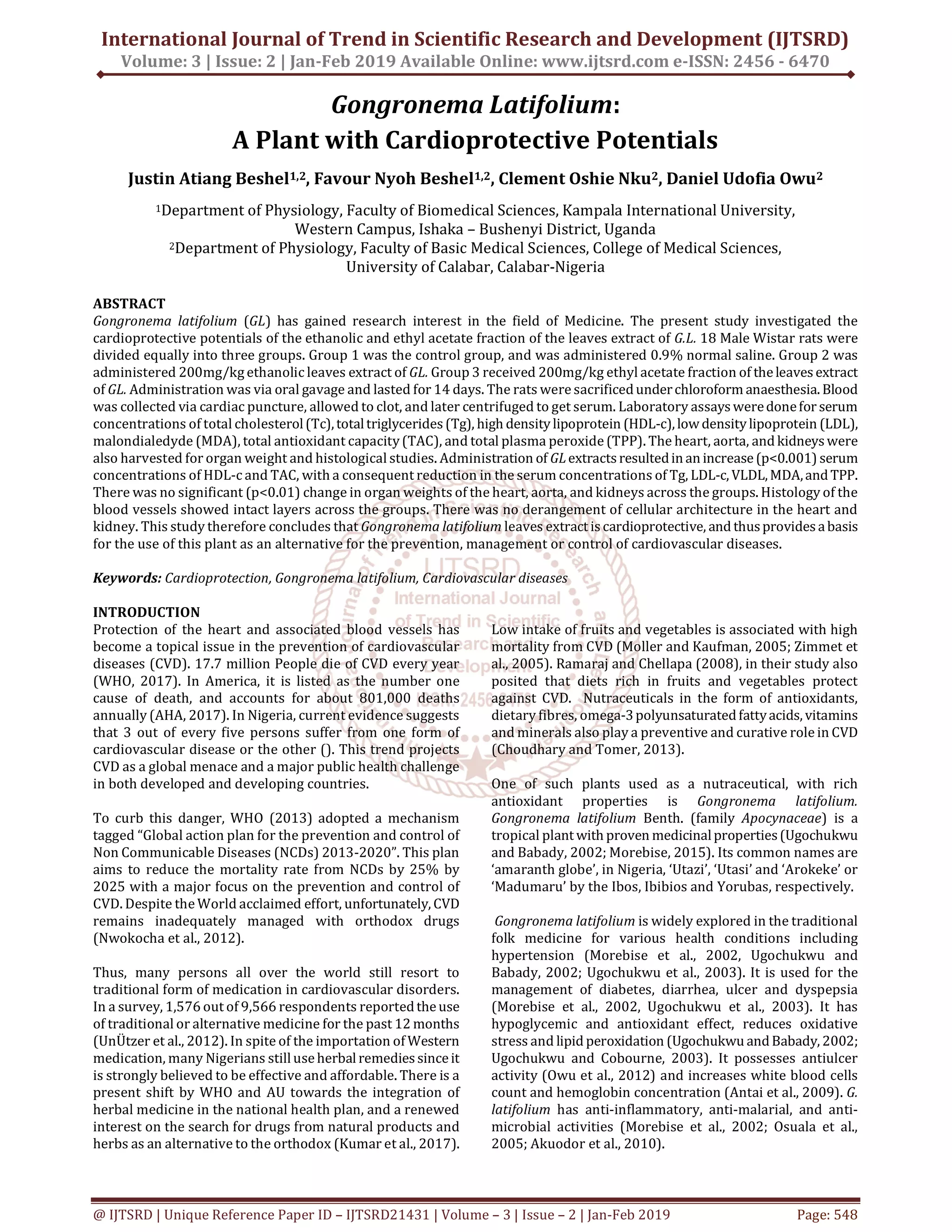 Gongronema Latifolium A Plant with Cardioprotective Potentials | PDF