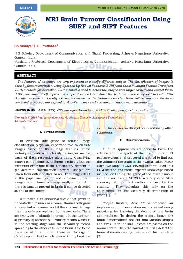 MRI Brain Tumour Classification Using SURF and SIFT Features | PDF