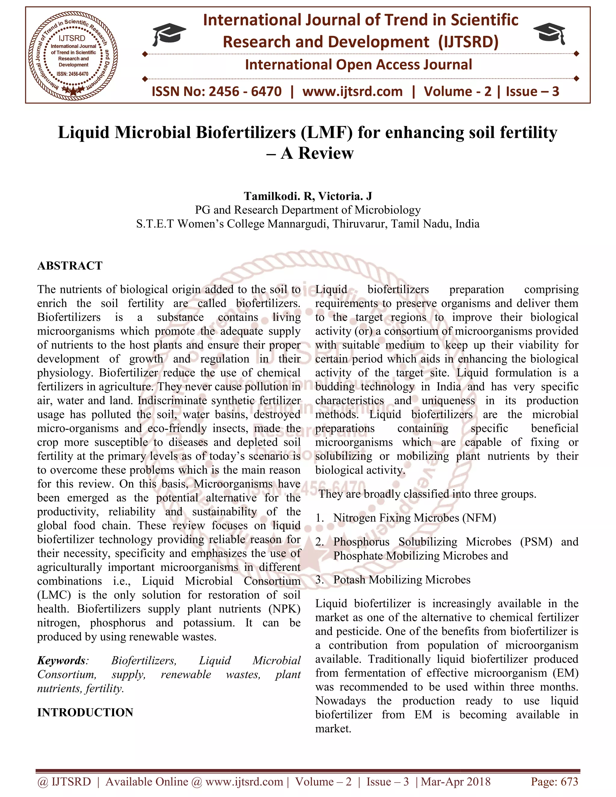 Liquid Microbial Biofertilizers (LMF) for enhancing soil fertility '“ A Review | PDF