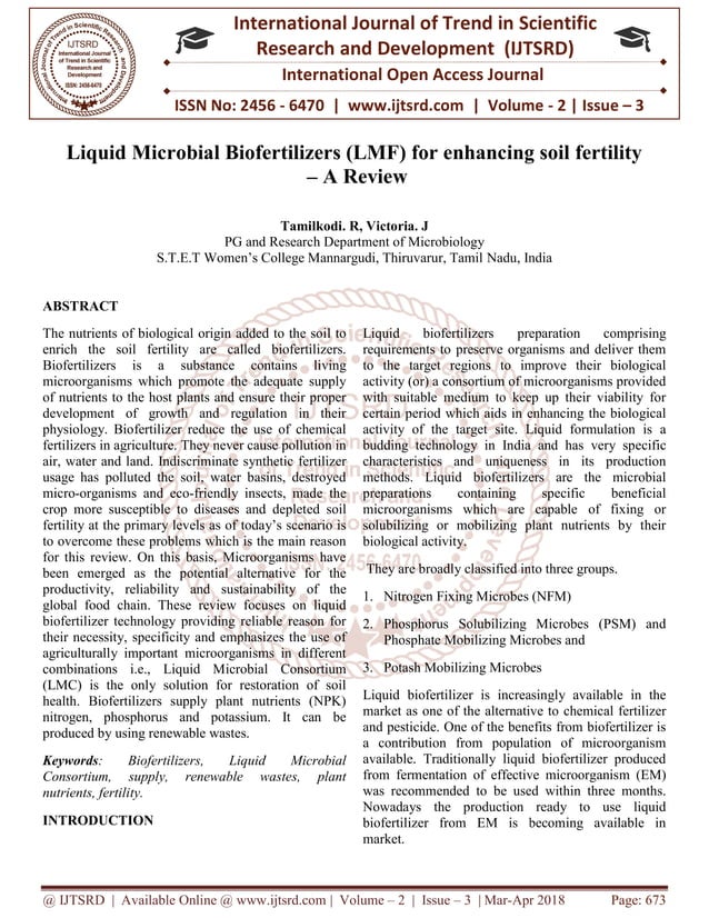 Liquid Microbial Biofertilizers (LMF) for enhancing soil fertility '“ A ...