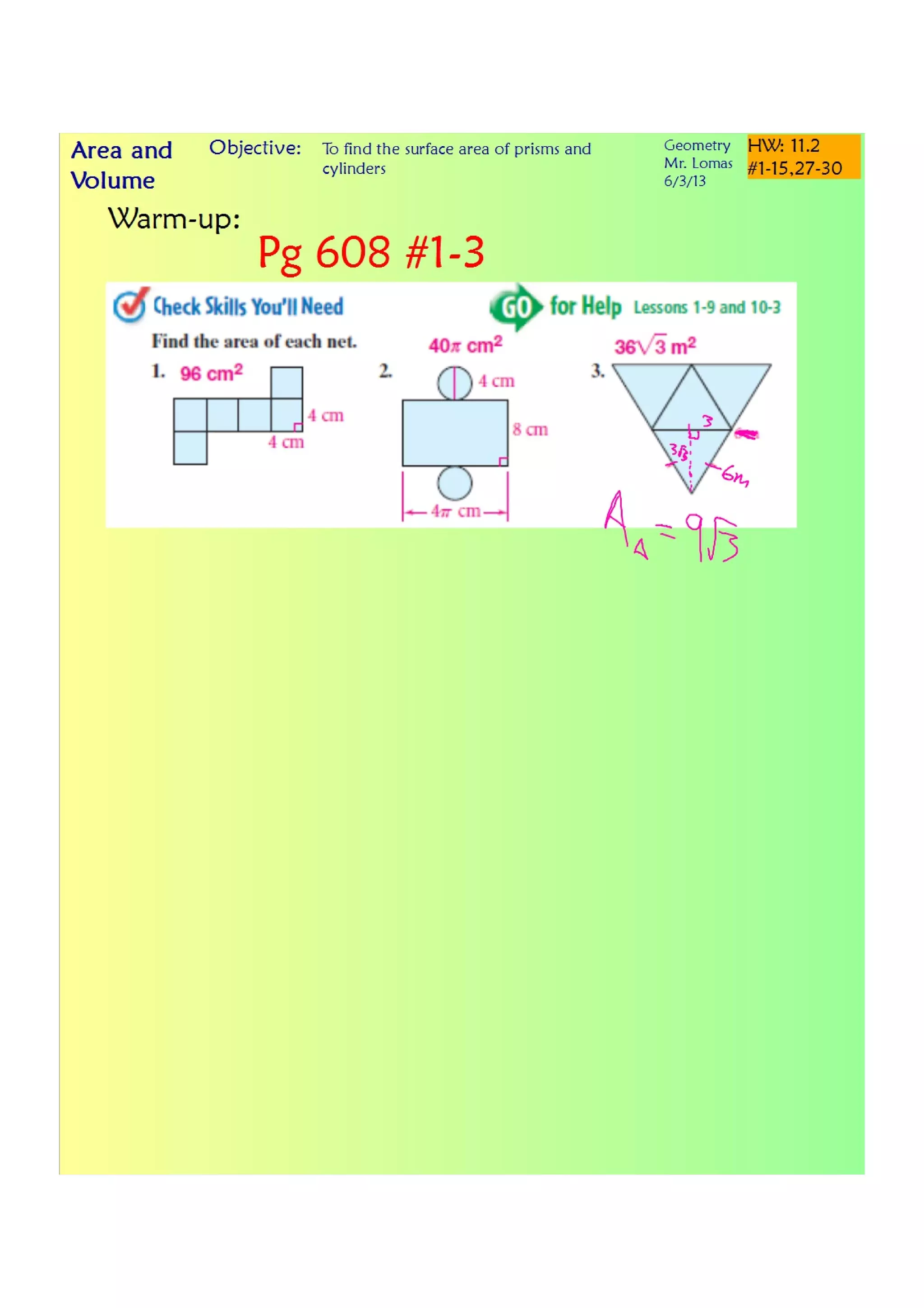 11-2 Surface Areas of Prisms and Cylinders.pdf | Physics | Science