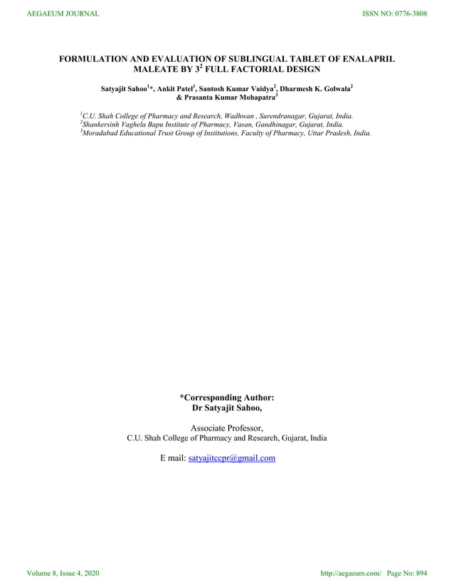 Formulation and Evaluation of Sublingual Tablet of Enalapril Maleate By ...