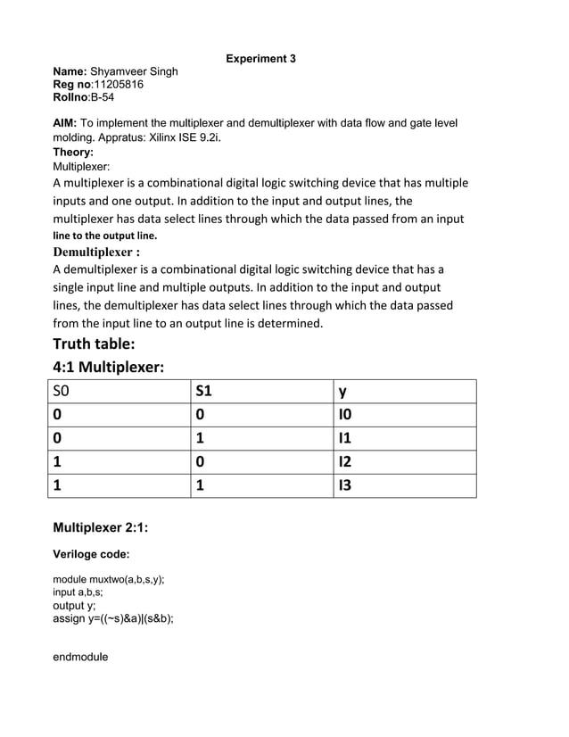 Verilog VHDL code Multiplexer and De Multiplexer | PDF