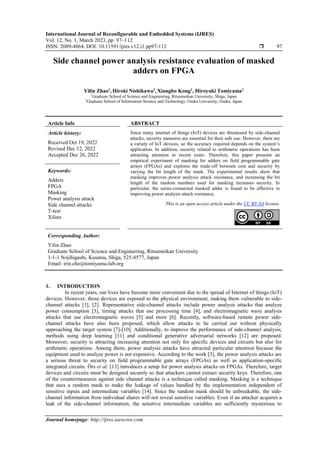 Side channel power analysis resistance evaluation of masked adders on FPGA | PDF