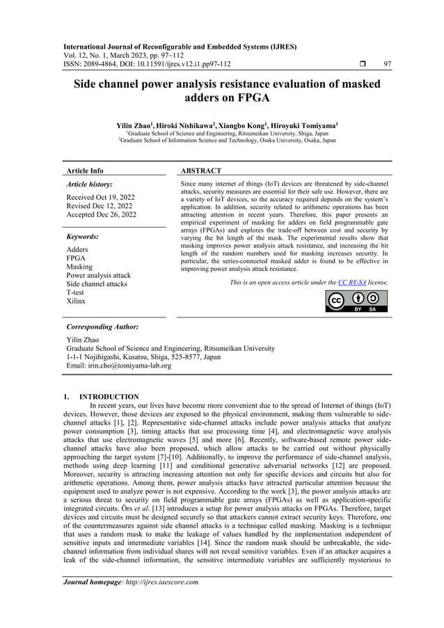 Side channel power analysis resistance evaluation of masked adders on FPGA | PDF