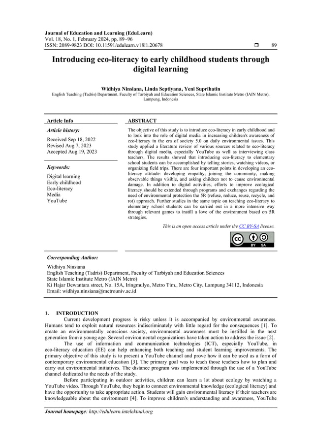 Introducing eco-literacy to early childhood students through digital learning | PDF