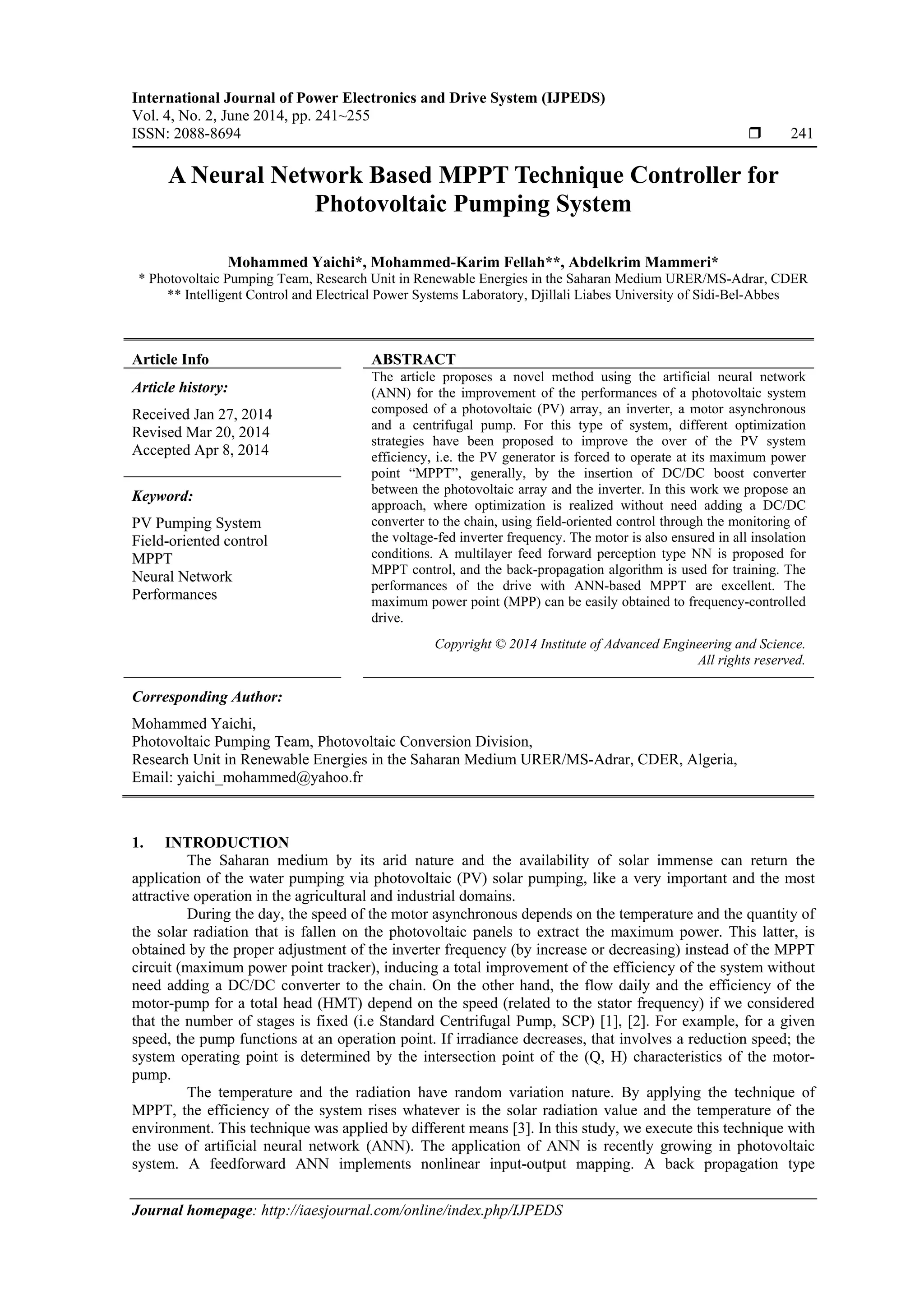 A Neural Network Based MPPT Technique Controller for Photovoltaic Pumping System | PDF ...