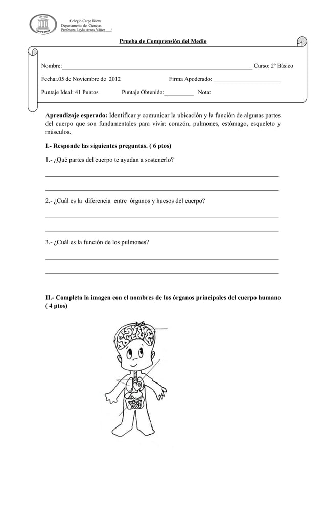 112173726 prueba-comprension-2°-basico-cuerpo-humano-1 | PDF