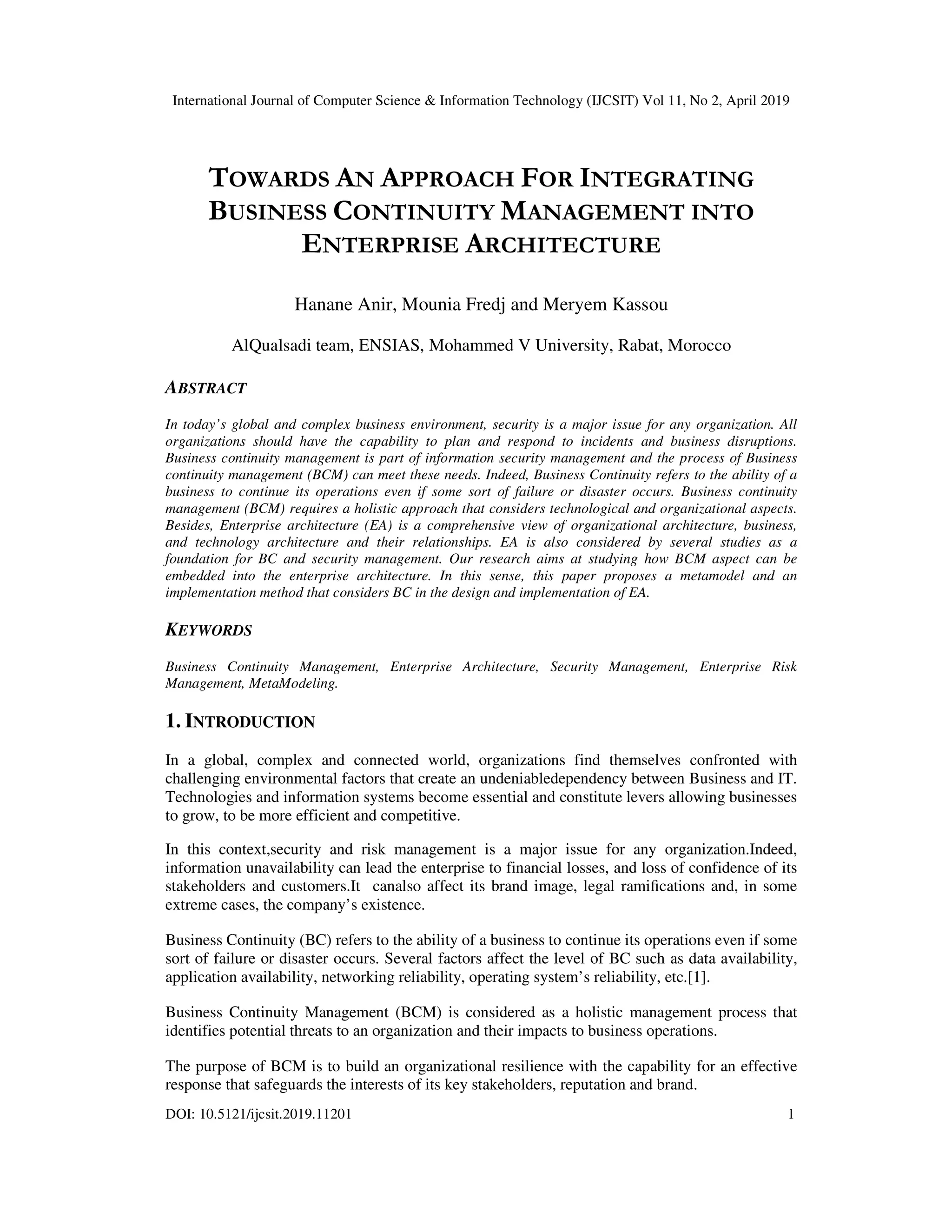 TOWARDS AN APPROACH FOR INTEGRATING BUSINESS CONTINUITY MANAGEMENT INTO ENTERPRISE ARCHITECTURE ...