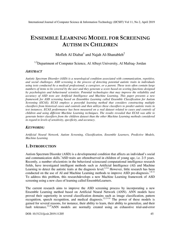 ENSEMBLE LEARNING MODEL FOR SCREENING AUTISM IN CHILDREN | PDF