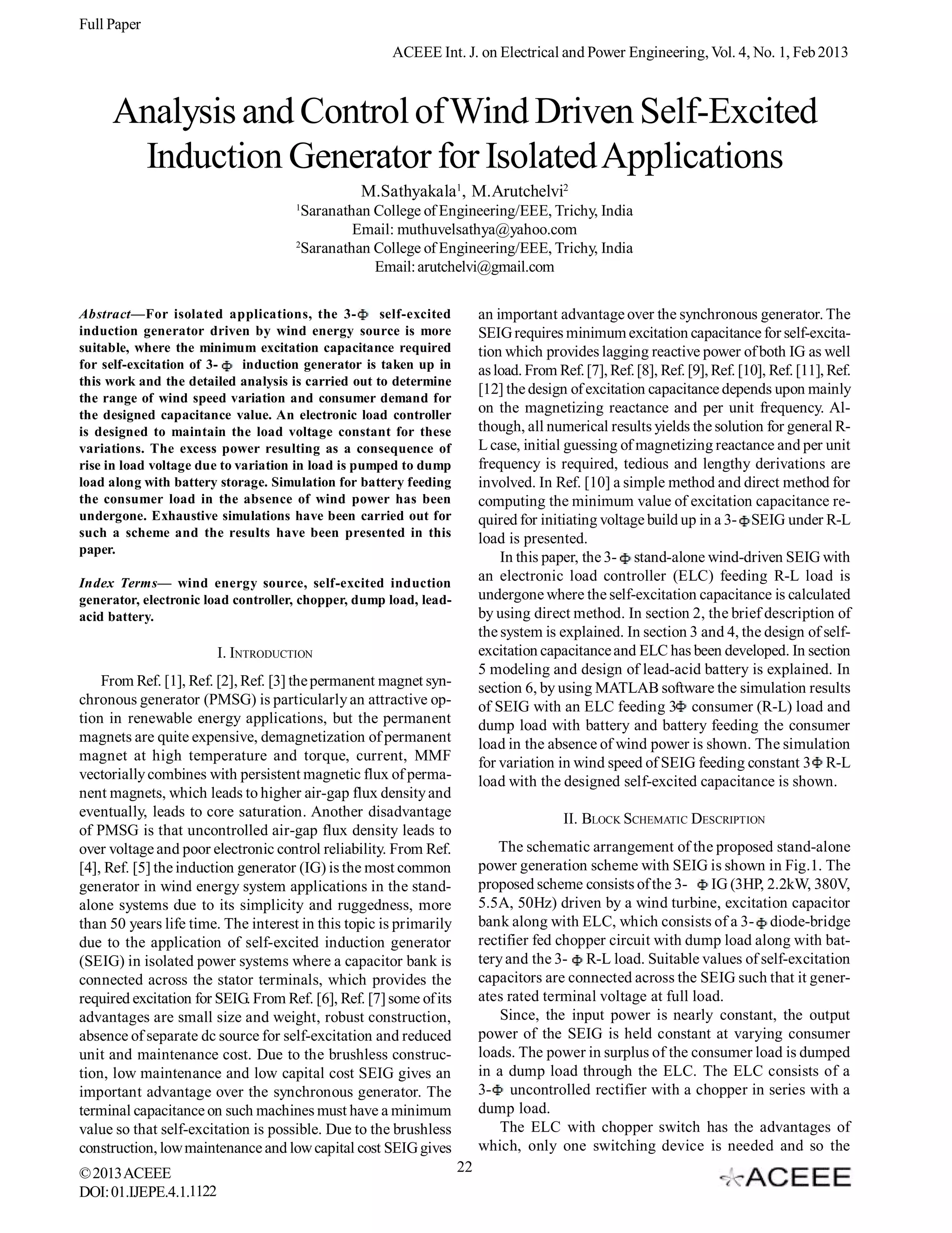 Analysis and Control of Wind Driven Self-Excited Induction Generator for Isolated Applications | PDF