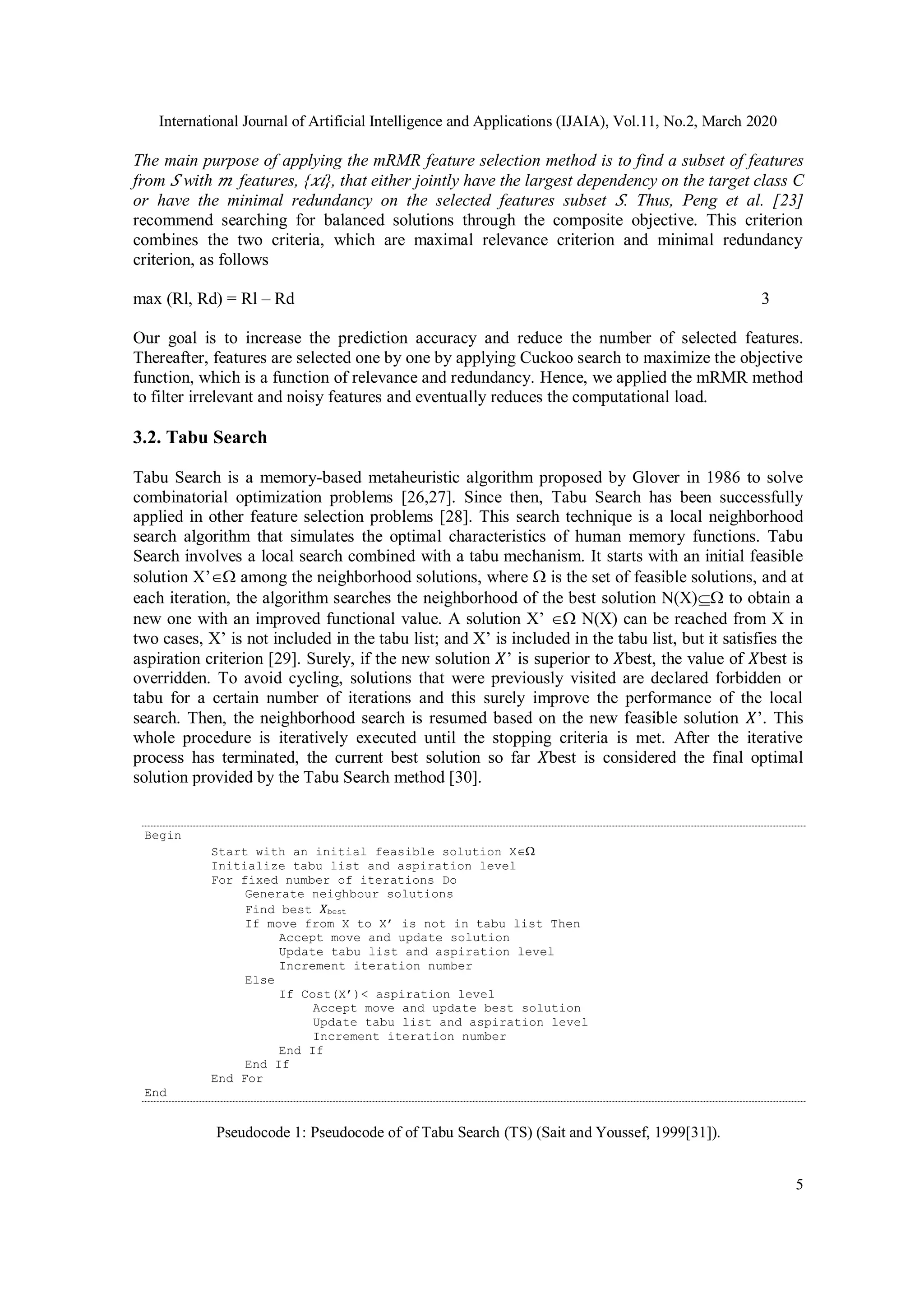 A Modified Maximum Relevance Minimum Redundancy Feature Selection Method Based On Tabu Search