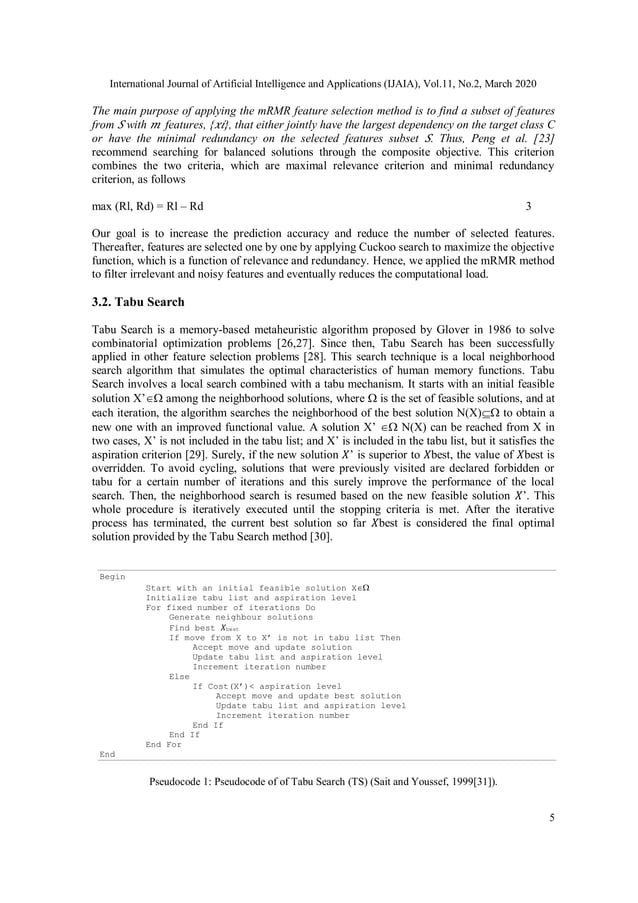 A MODIFIED MAXIMUM RELEVANCE MINIMUM REDUNDANCY FEATURE SELECTION METHOD BASED ON TABU SEARCH ...
